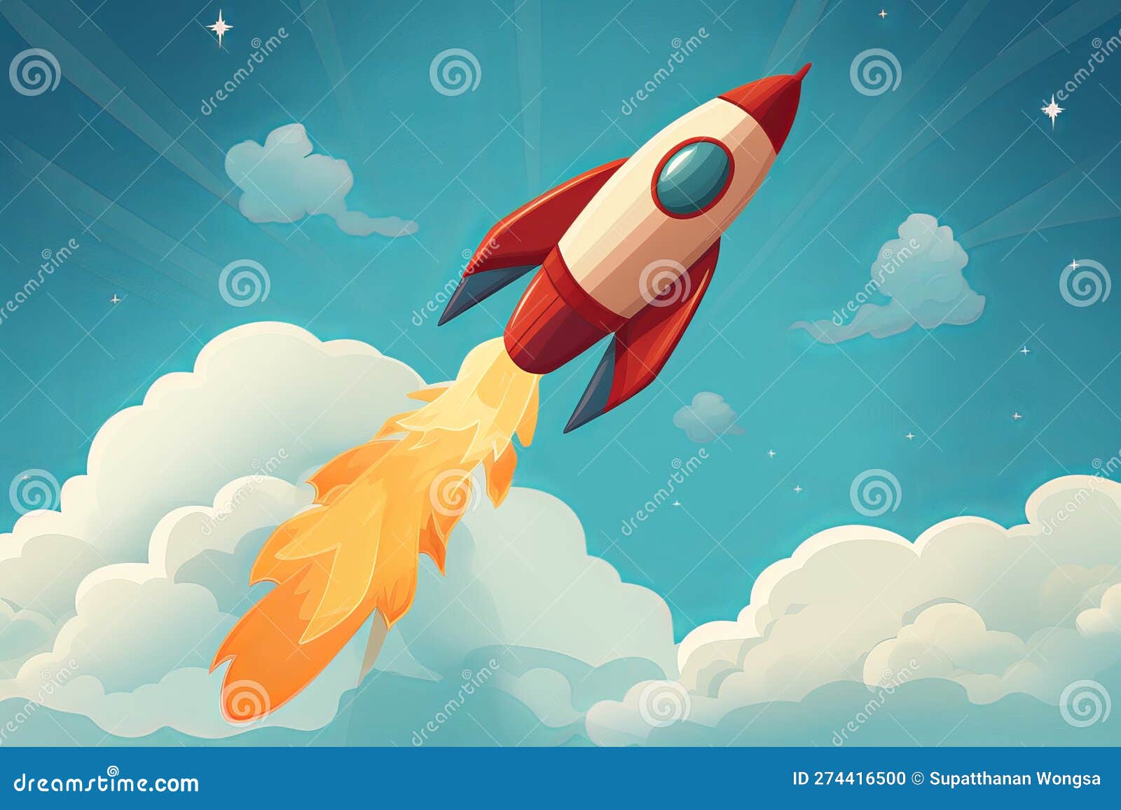 Cartoon Space Rocket Flying To the Clouds Stock Illustration ...