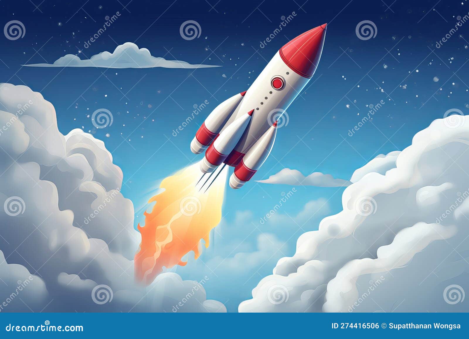 Cartoon Space Rocket Flying To the Clouds Stock Illustration ...