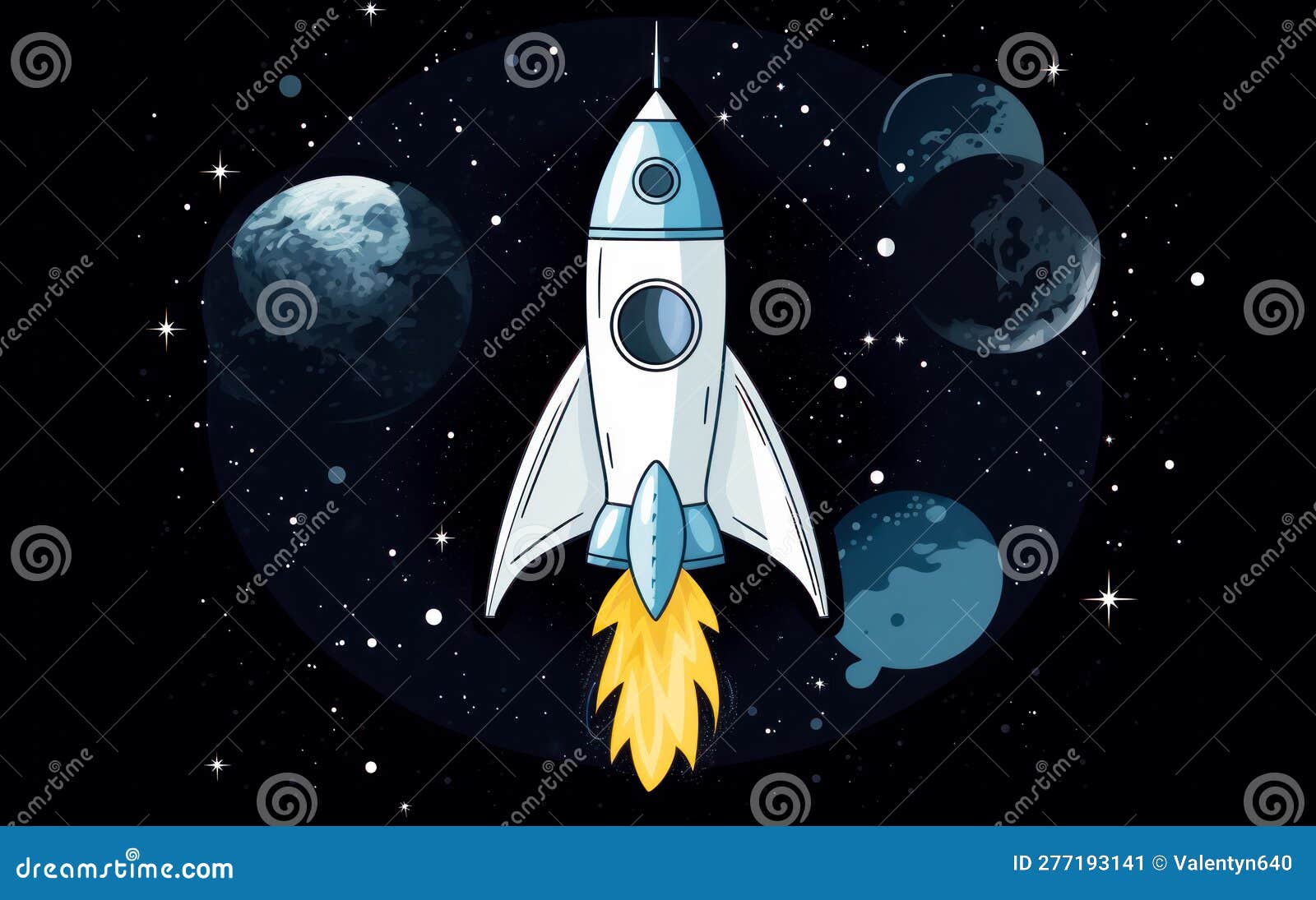 Cartoon of Space Shuttle Flying through the Sky with Planets in the ...