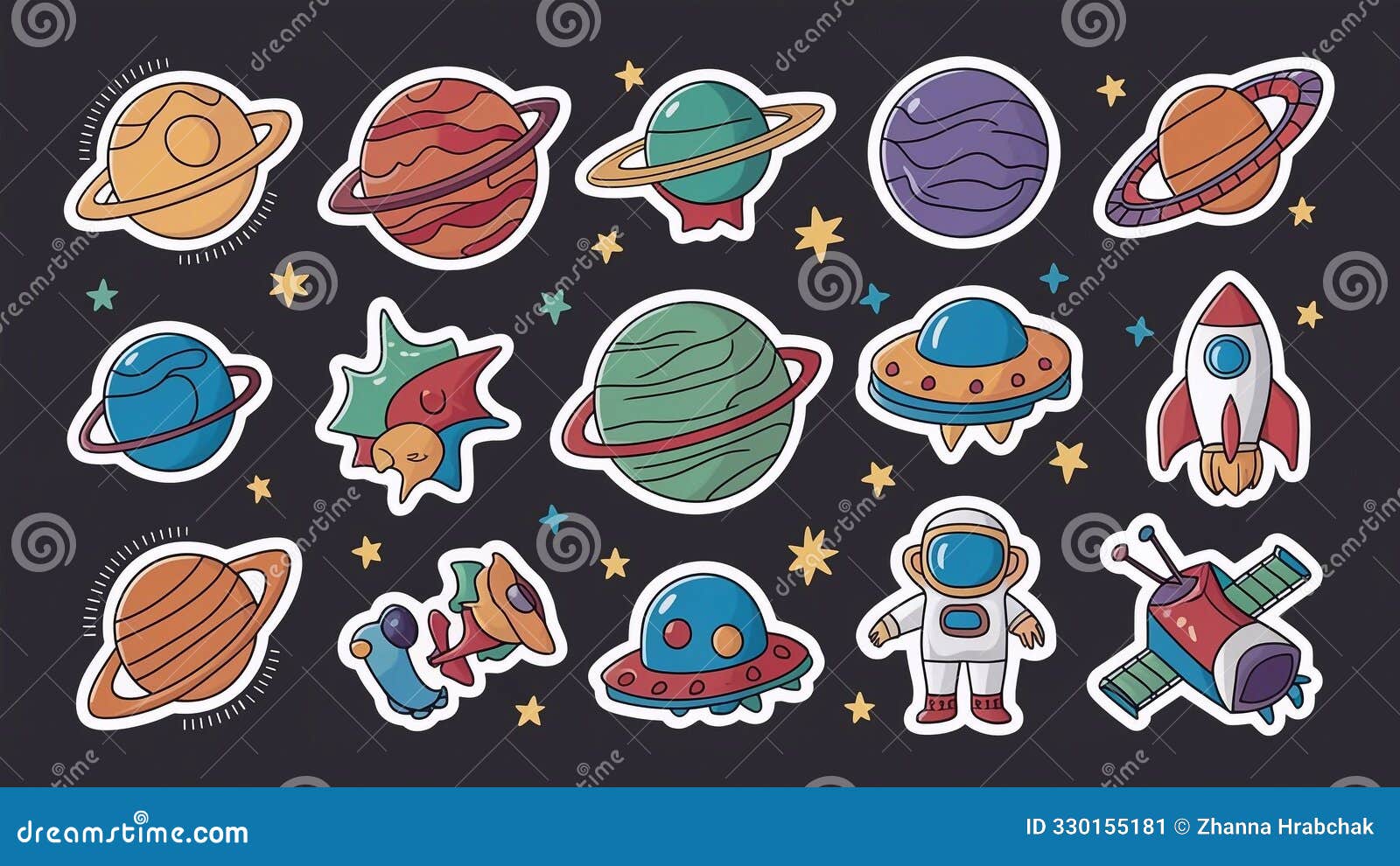 Cartoon Space Stickers. Galactic Elements, Planets, Rocket, UFO ...