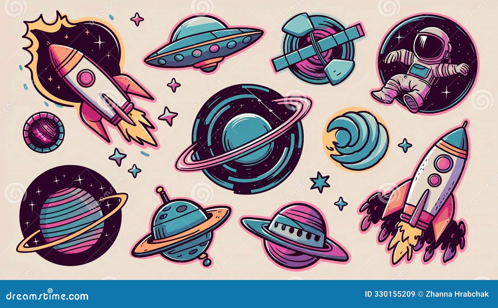 Cartoon Space Stickers. Galactic Elements, Planets, Rocket, UFO ...