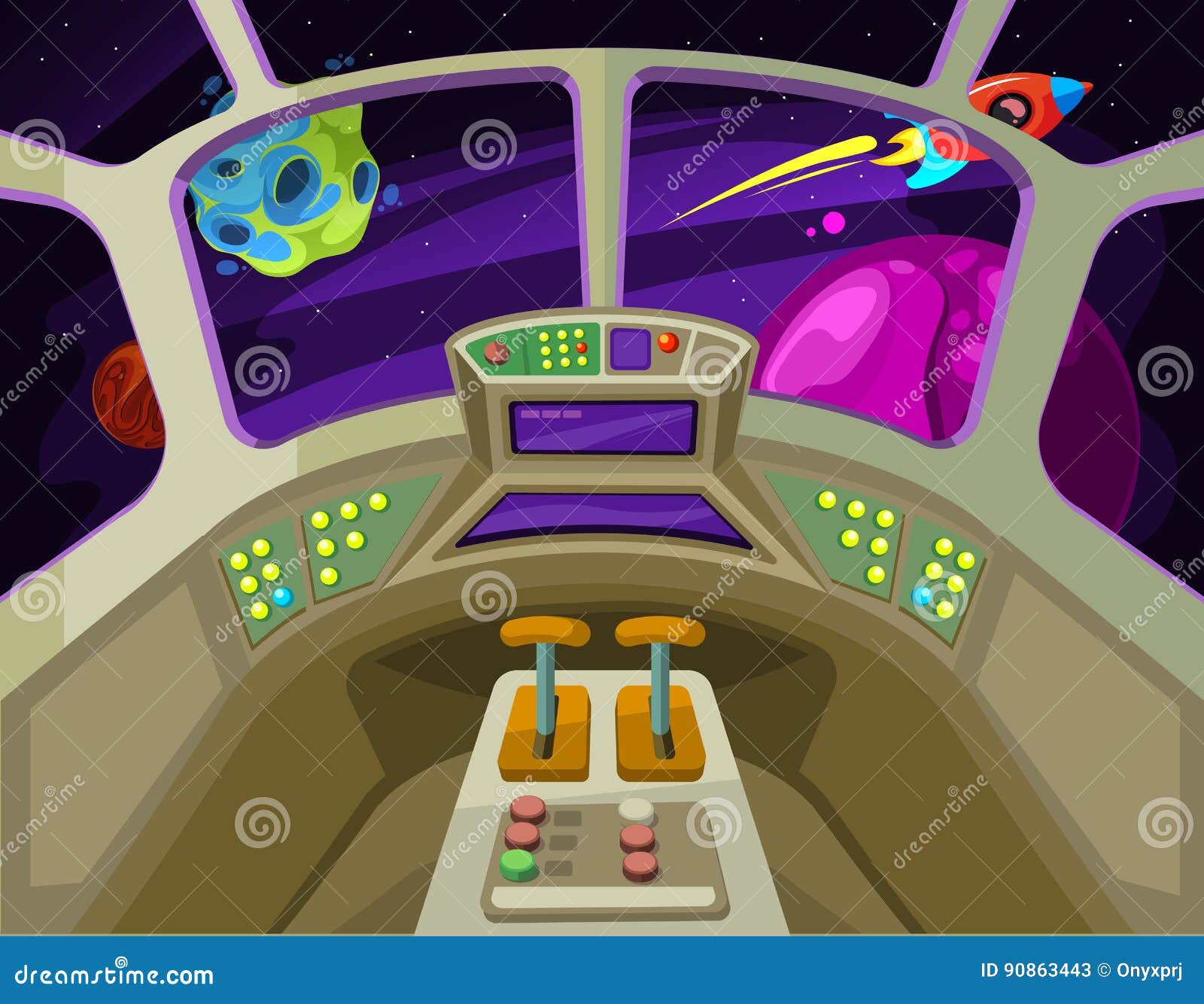 Cartoon Spaceship Cabin Interior With Windows Into Space With Alien ...
