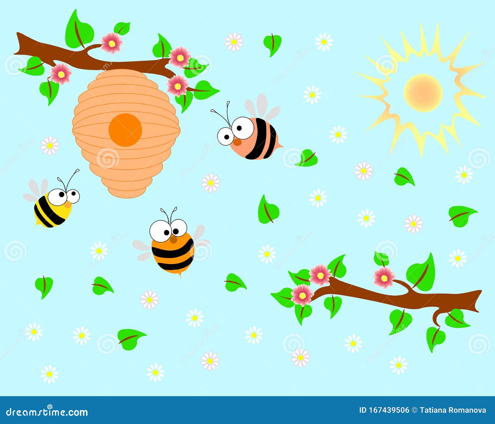 Cartoon spring bees stock vector. Illustration of daisies - 167439506