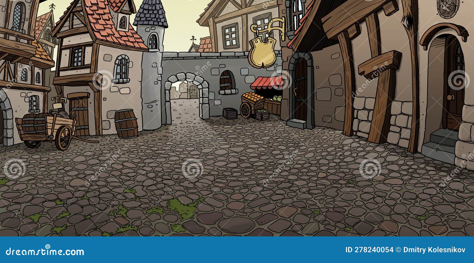 Cartoon Square the Old Medieval Town Background Stock Illustration ...