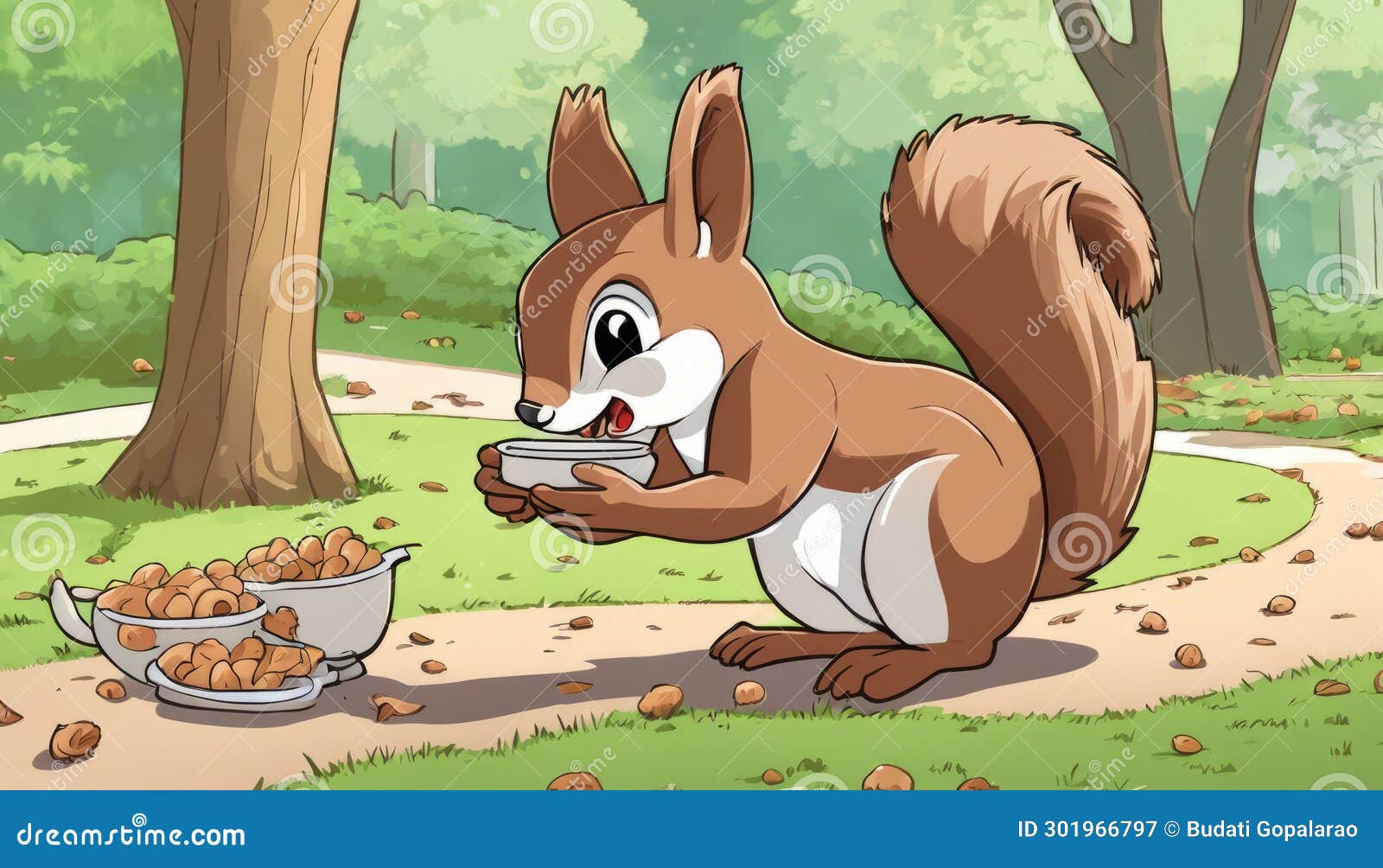 A Cartoon Squirrel Eating Nuts from a Bowl Stock Illustration ...