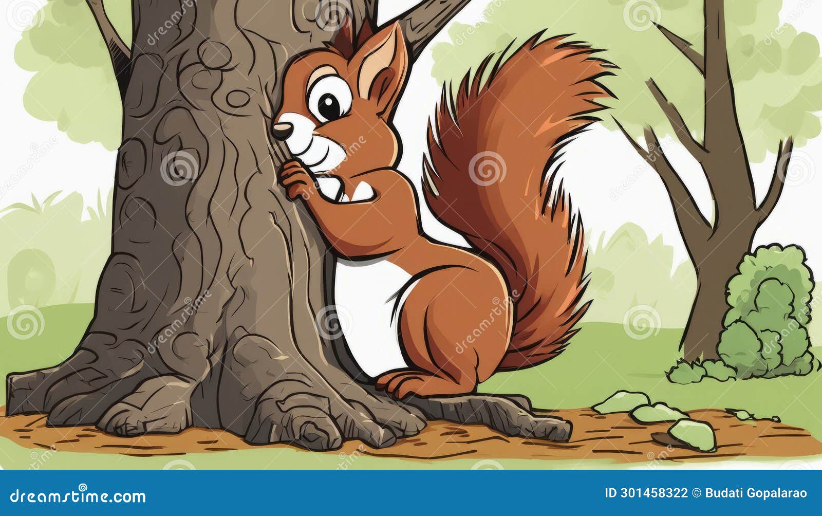 Squirrel Hugging Acorn And Standing On Wooden Tree Log With Bark On ...