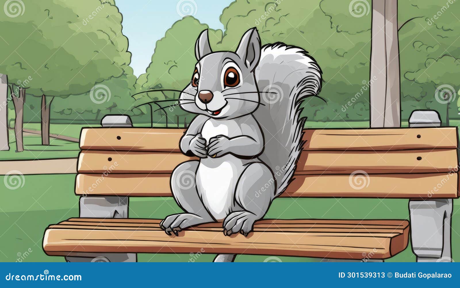 A Cartoon Squirrel Sitting on a Park Bench Stock Illustration ...