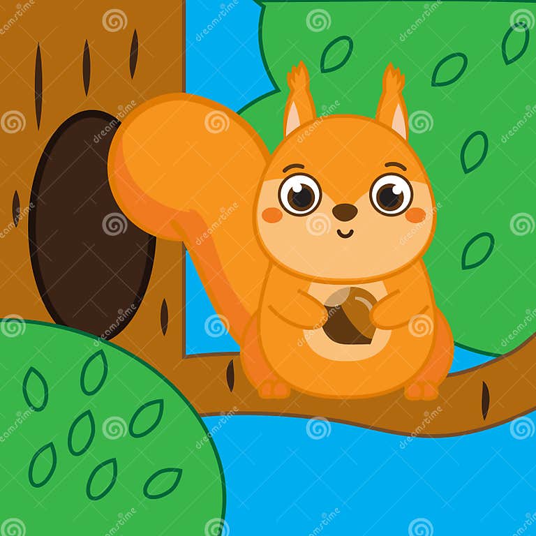 Cartoon Squirrel Sitting On Tree Branch Holding Hazelnut Stock Vector
