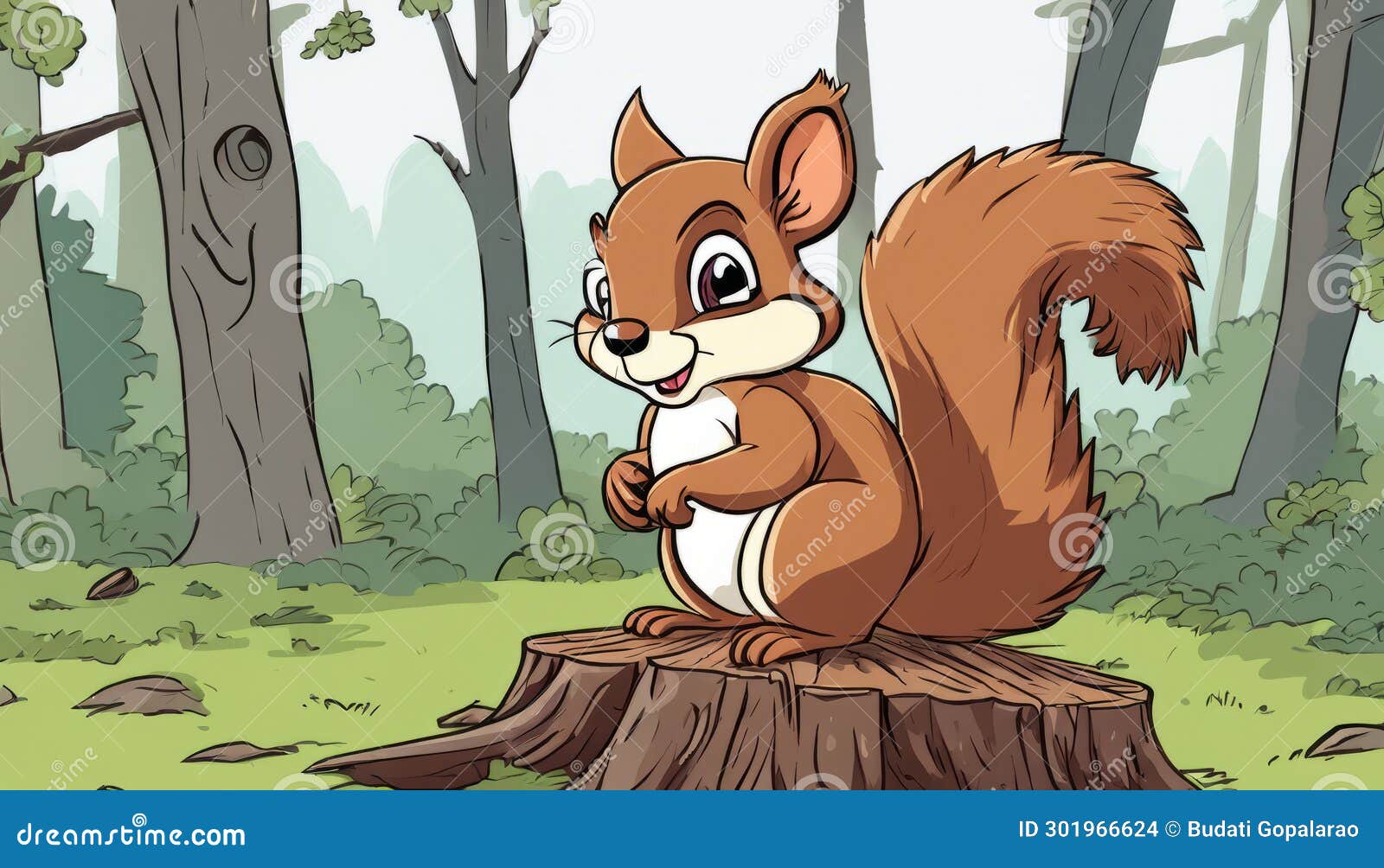A Cartoon Squirrel Sitting On A Tree Stump Stock Illustration