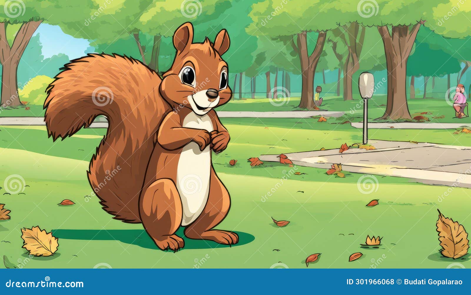 A Cartoon Squirrel Standing on a Leaf-covered Sidewalk Stock ...