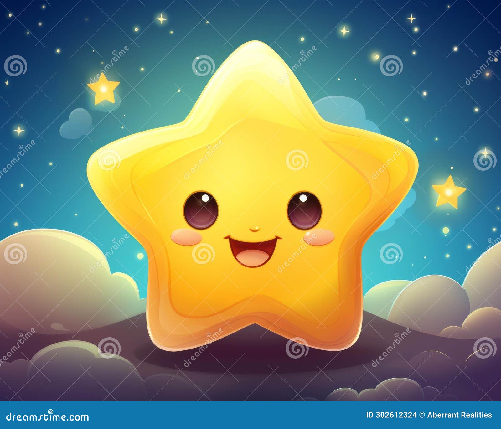 A Cartoon Star in the Night Sky with Clouds and Stars Stock ...