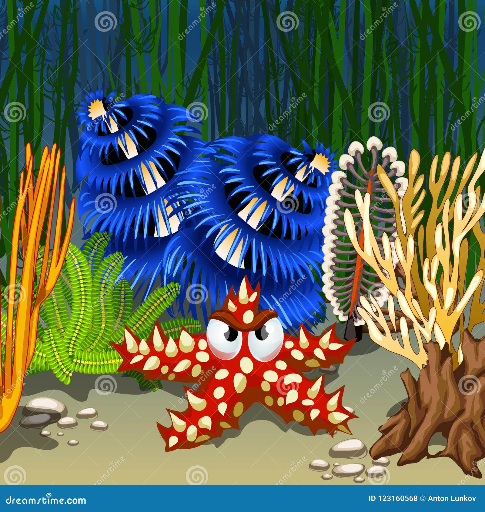Cartoon Starfish Red with Prickly Thorns on the Seabed among Corals and ...