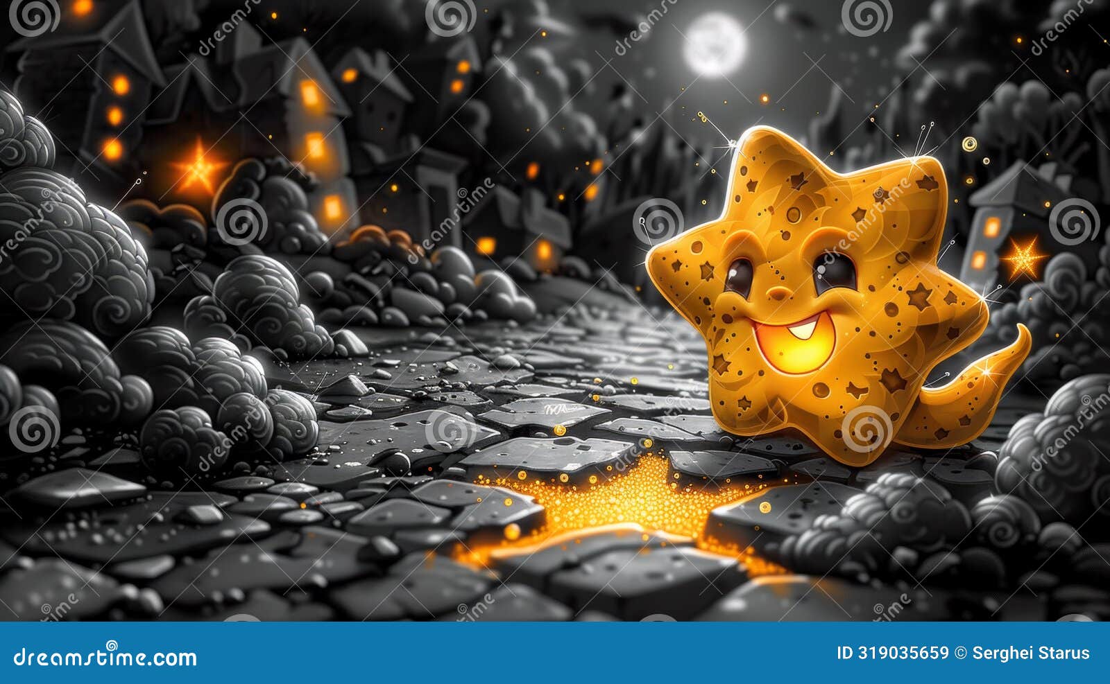 A Cartoon Starfish Sitting on a Stone Path with Lights Around it, AI ...