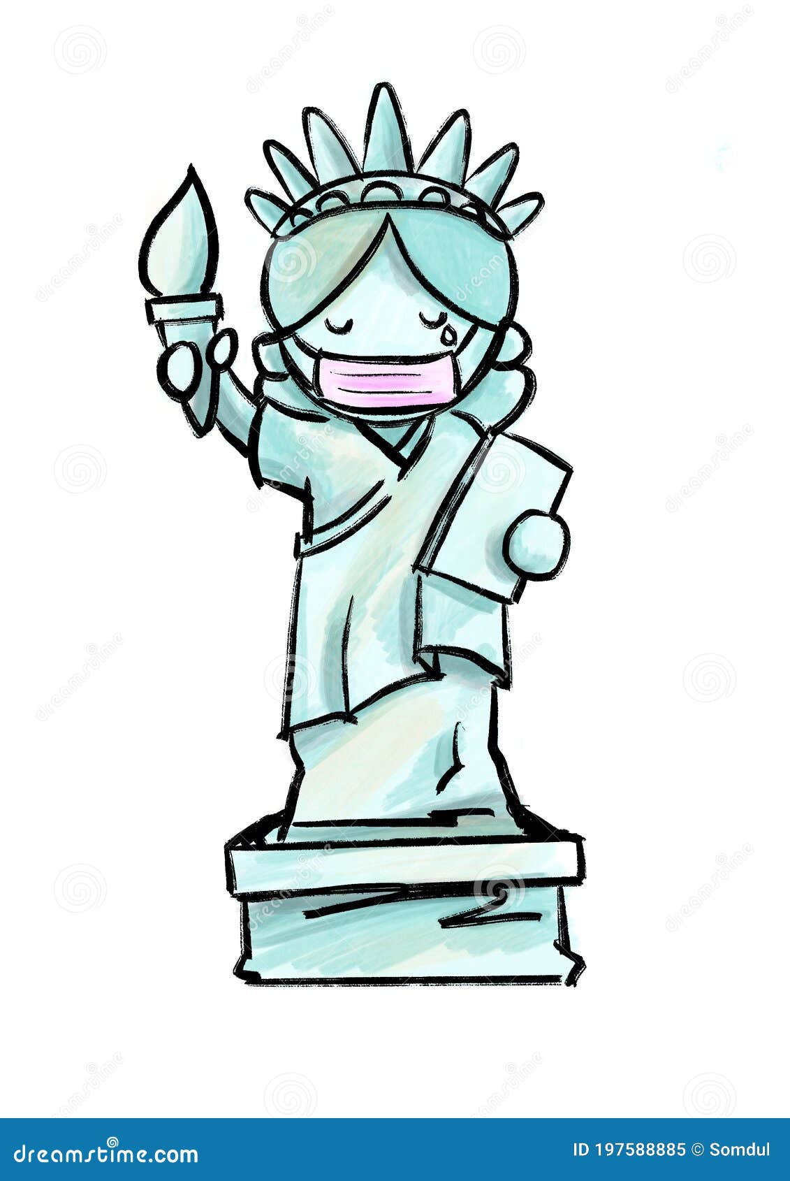 Cartoon Statue of Liberty Wearing Medical Mask, Pink Color Mask. Sad ... Cartoon Statue of Liberty Wearing Medical Mask, Pink Color Mask. Sad ...