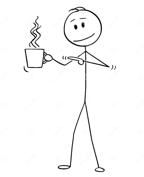 Cartoon Of Man Holding And Pointing At Cup Of Hot Beverage Coffee Or Tea Stock Vector