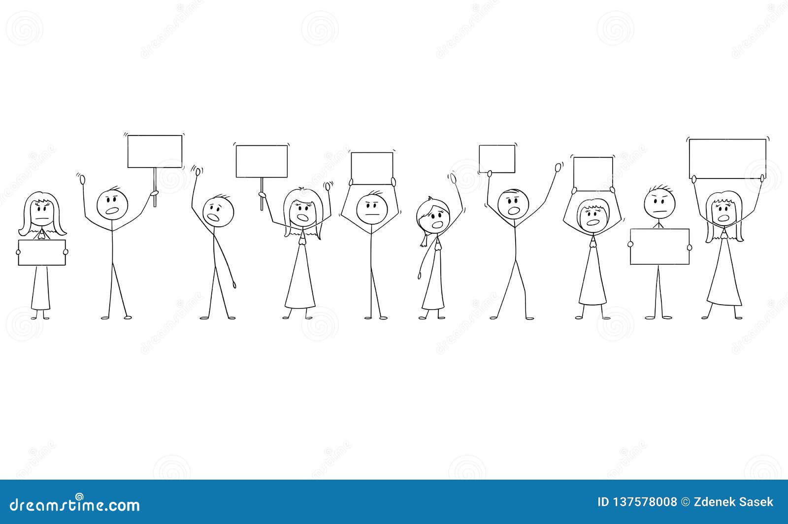 Cartoon Drawing of Group of People Protesting with Empty Signs Stock ...
