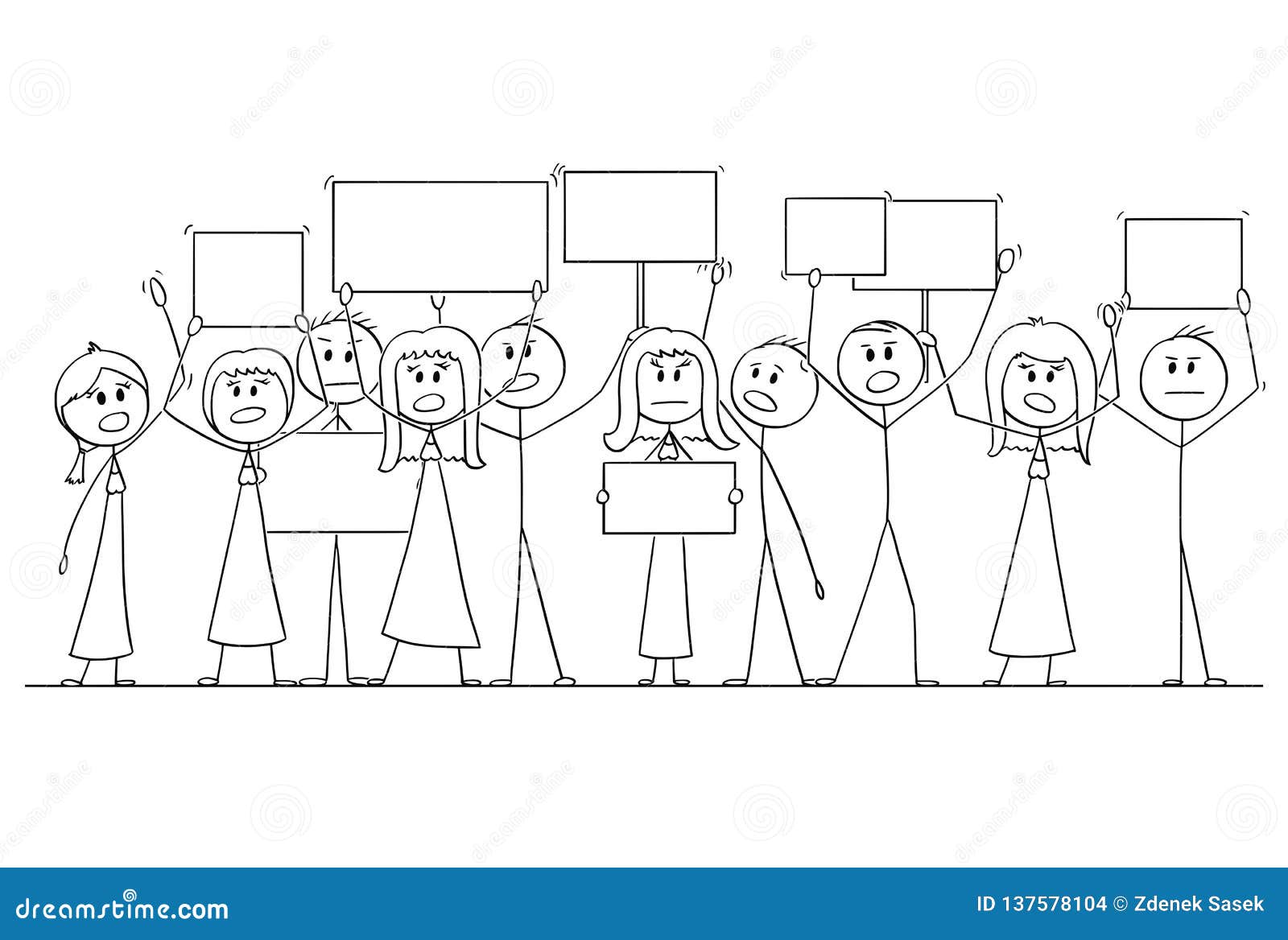 Cartoon Drawing of Group of People Protesting with Empty Signs Stock ...