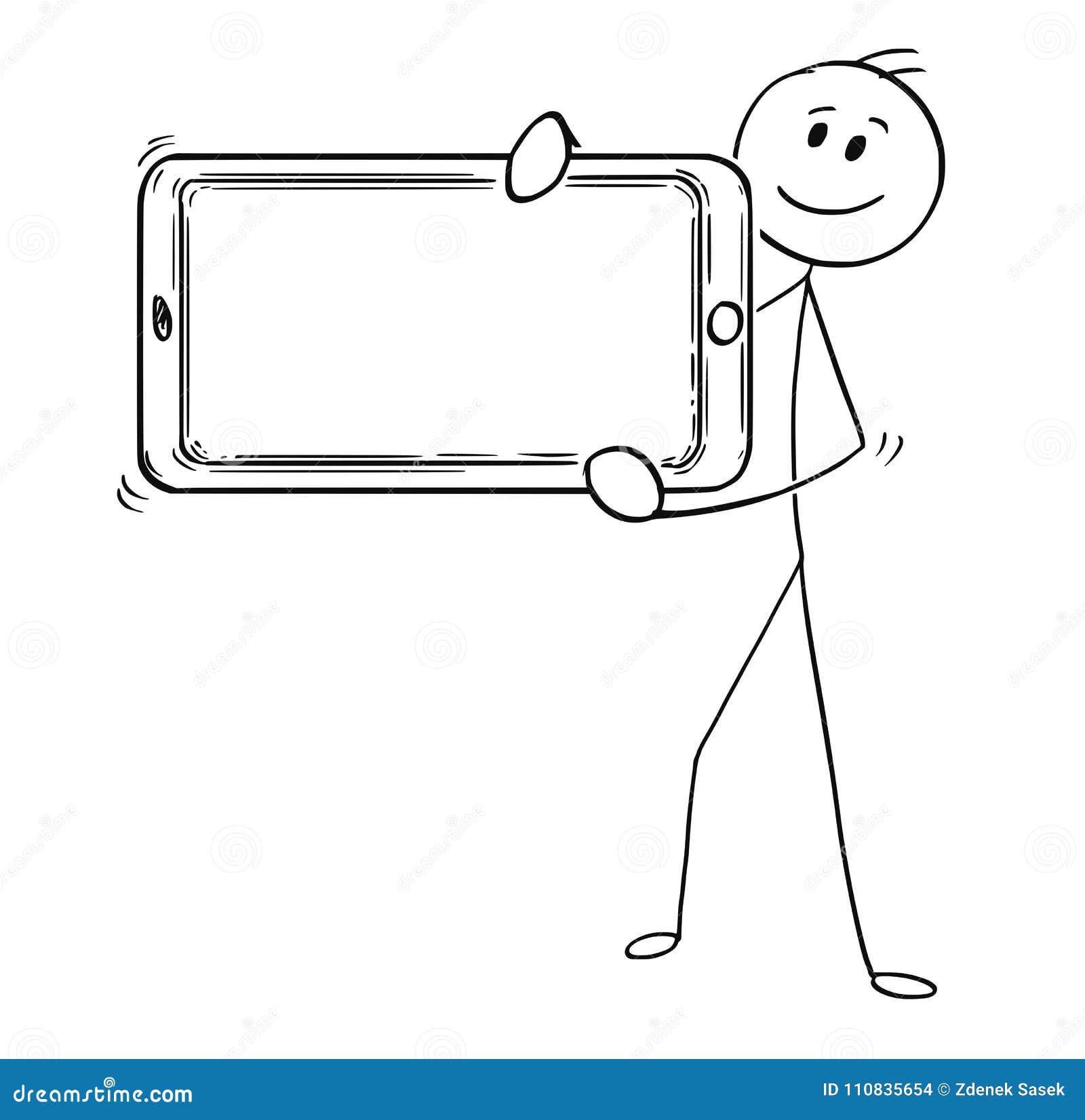 Cartoon Of Man Or Businessman Holding Large Mobile Phone As Empty Or