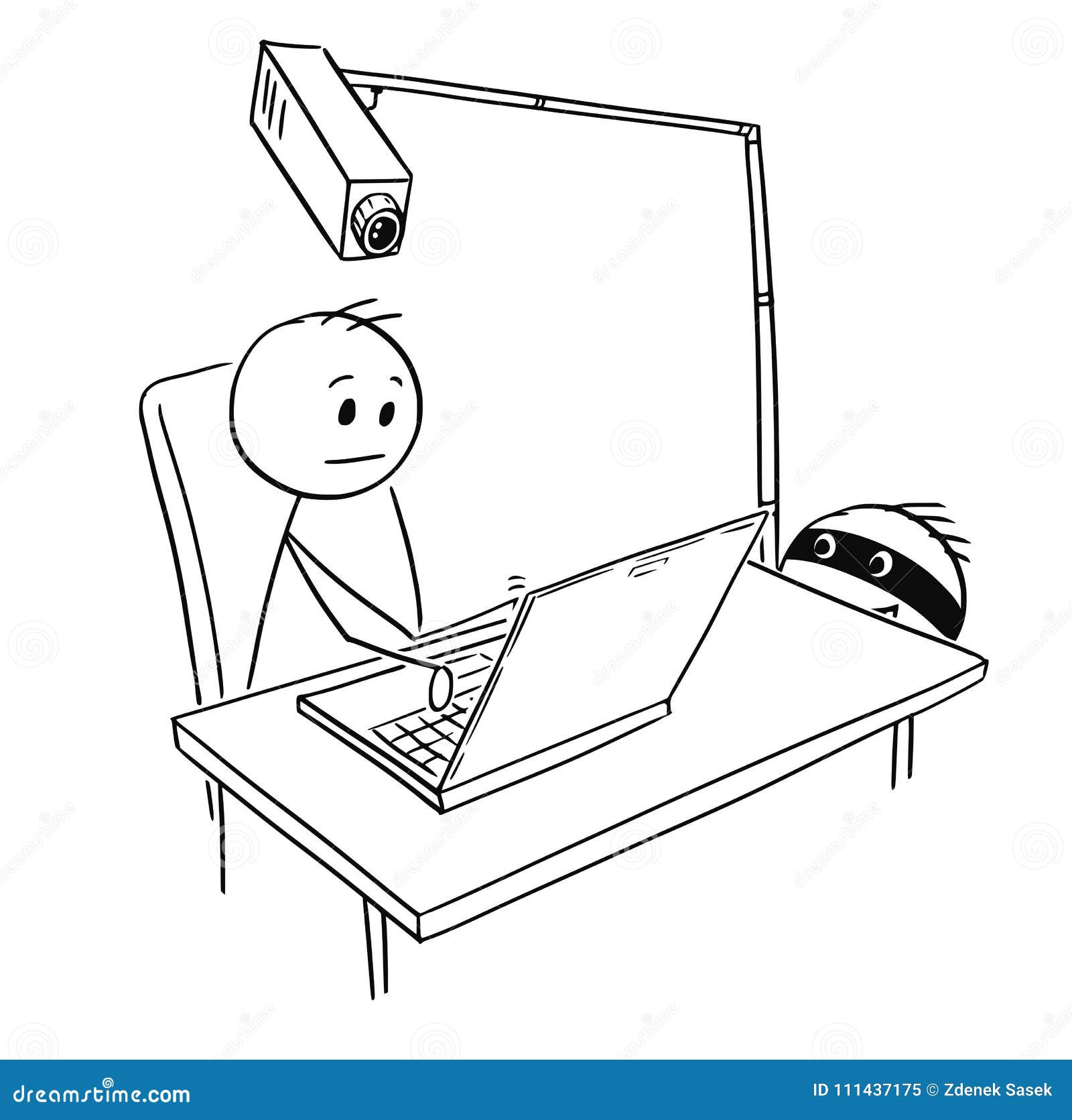 Cartoon of Man or Businessman Working on Computer while Hacker is ...