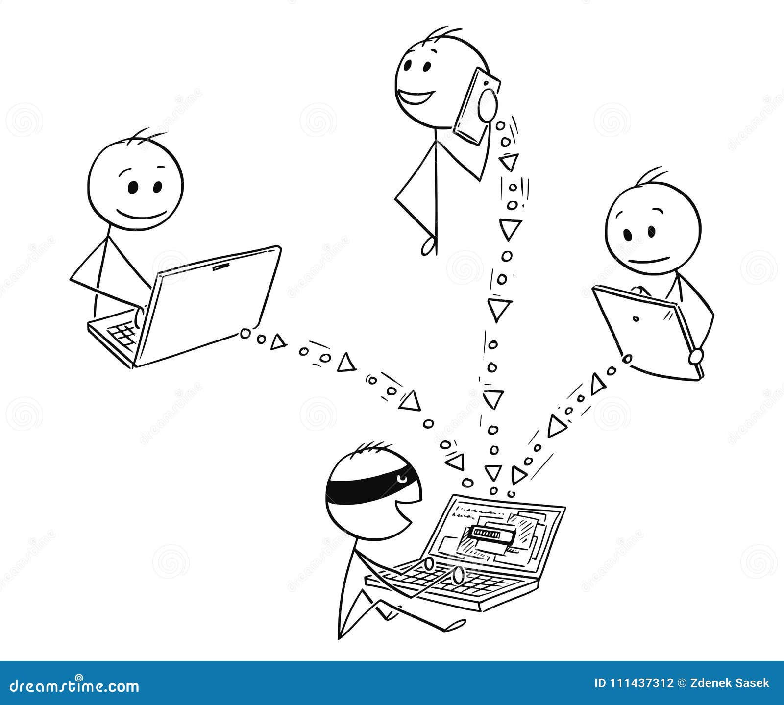 Cartoon of Hacker Stealing Data Hacking Computer, Tablet and Smart ...