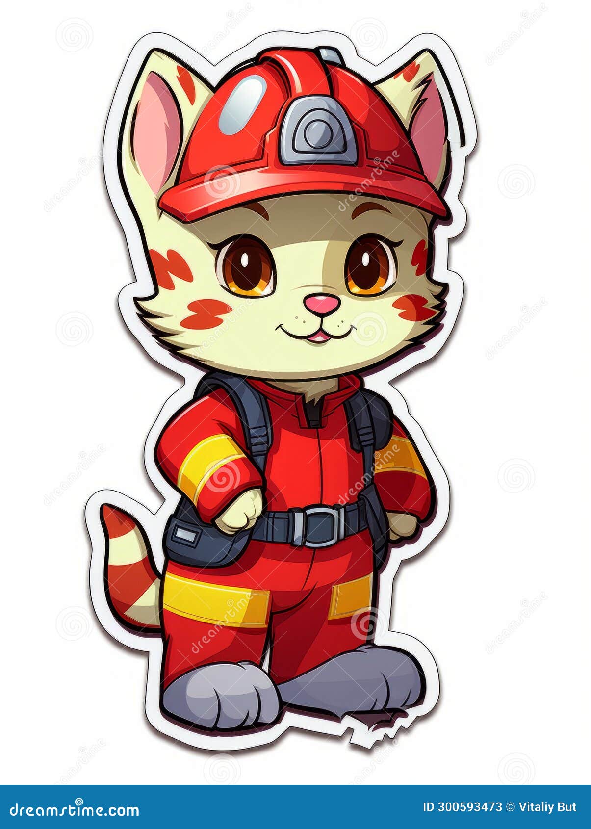 Cartoon Sticker Sweet Kitten Dressed As a Fireman, AI Stock Image ...