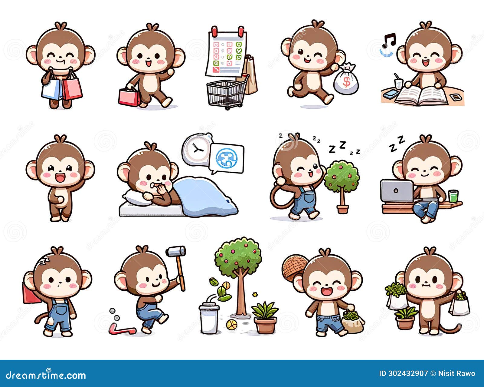 Cartoon Stickers Featuring Little Monkey in Multiple Poses Minim Stock ...