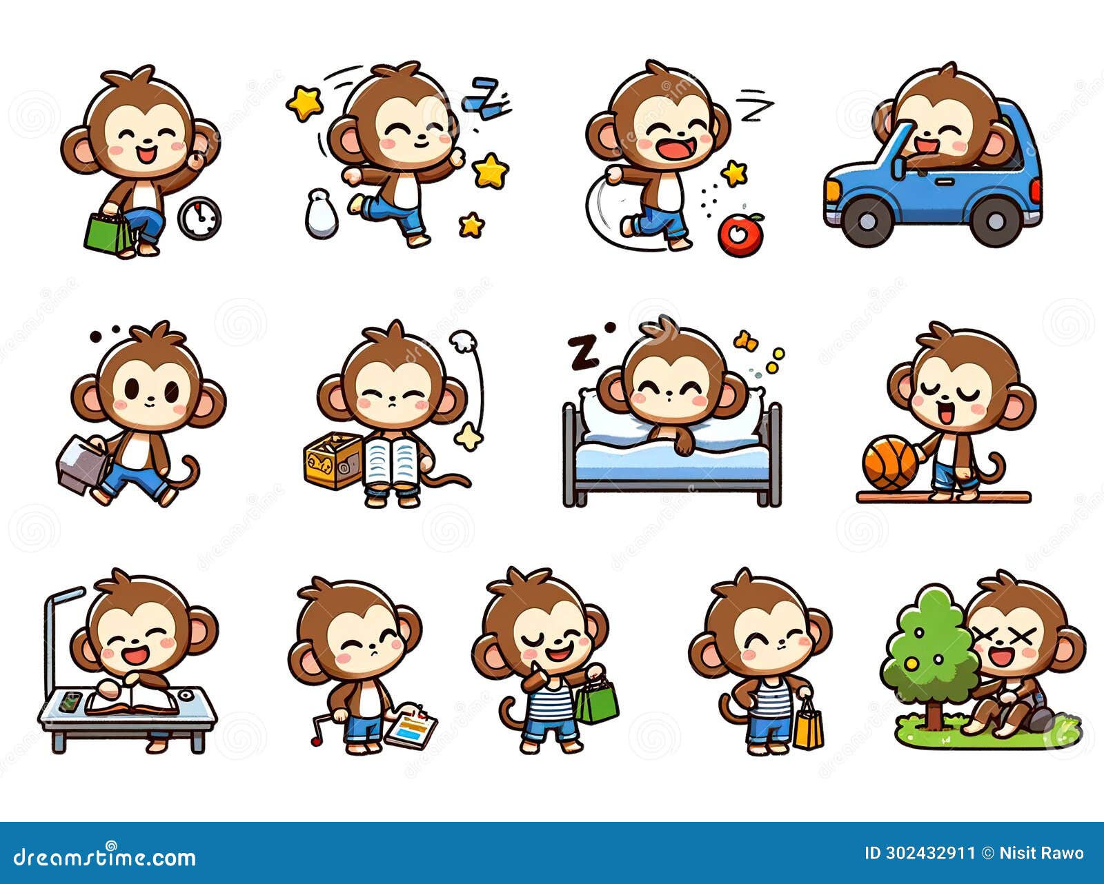 Cartoon Stickers Featuring Little Monkey in Multiple Poses Minim Stock ...