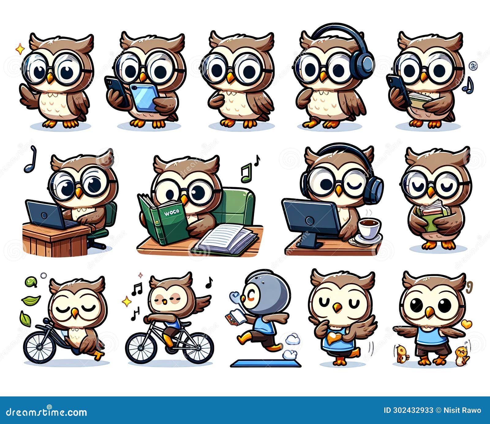 Cartoon Stickers Nerdy Owl in Uniform in Multiple Poses Minimal Stock ...