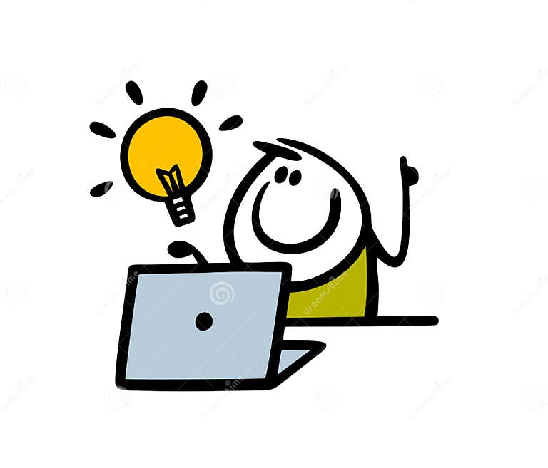 Cartoon Stickman is Sitting at a Computer and a Light Bulb is on ... Cartoon Stickman is Sitting at a Computer and a Light Bulb is on ...