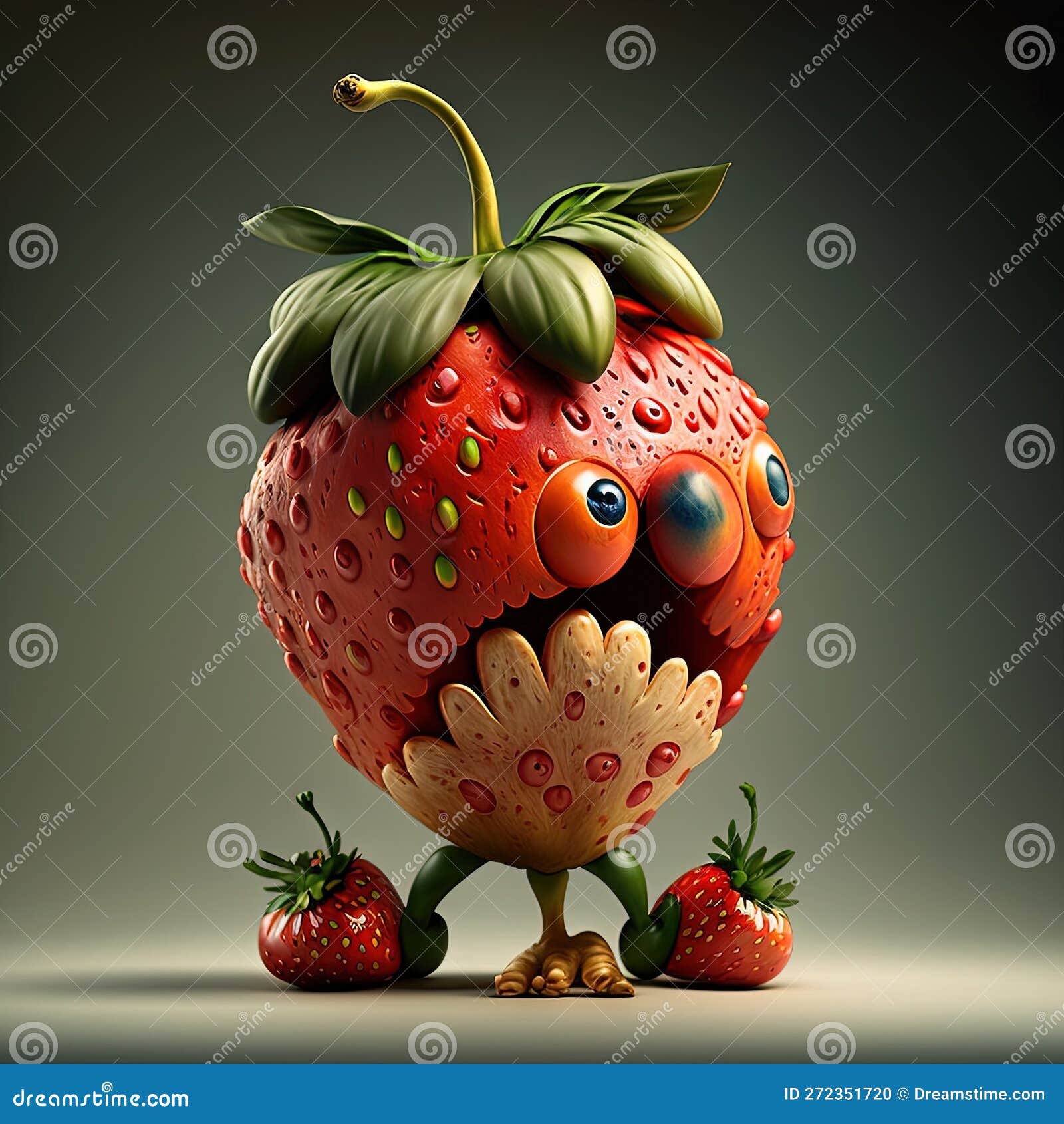 A Cartoon Strawberry with a Face and Two Strawberries on the Ground ...