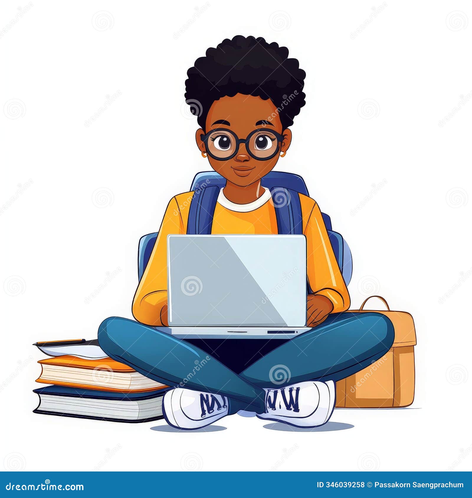 Cartoon Student Working on Laptop in a Study Environment Stock ...