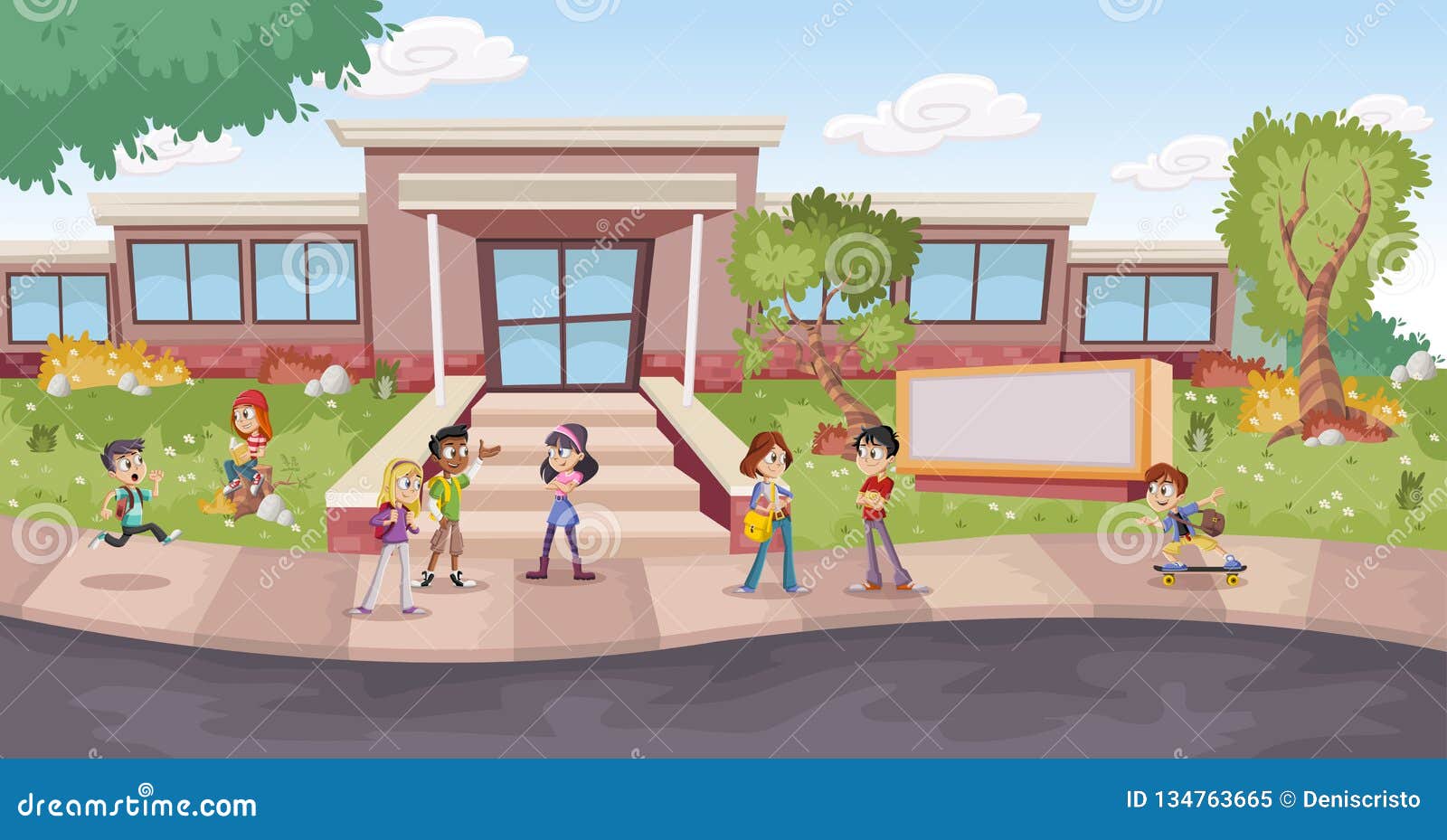 Cartoon Students in Front of School Building. Stock Vector ...