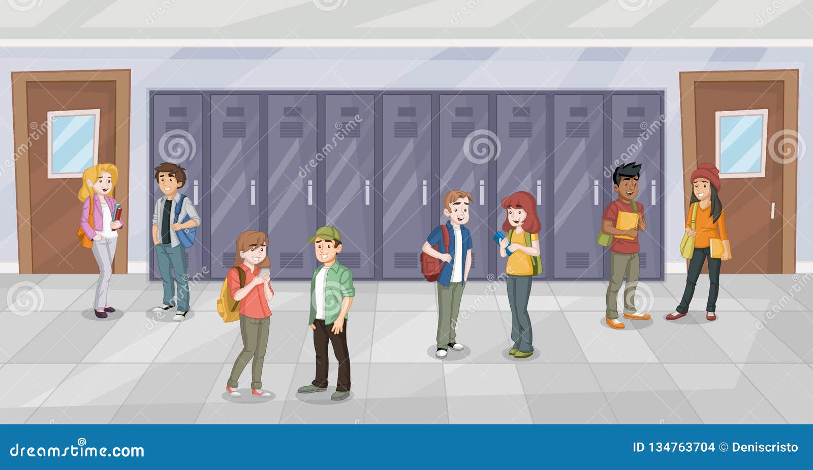 Cartoon Students in School Corridor. Teenagers Stock Vector ...