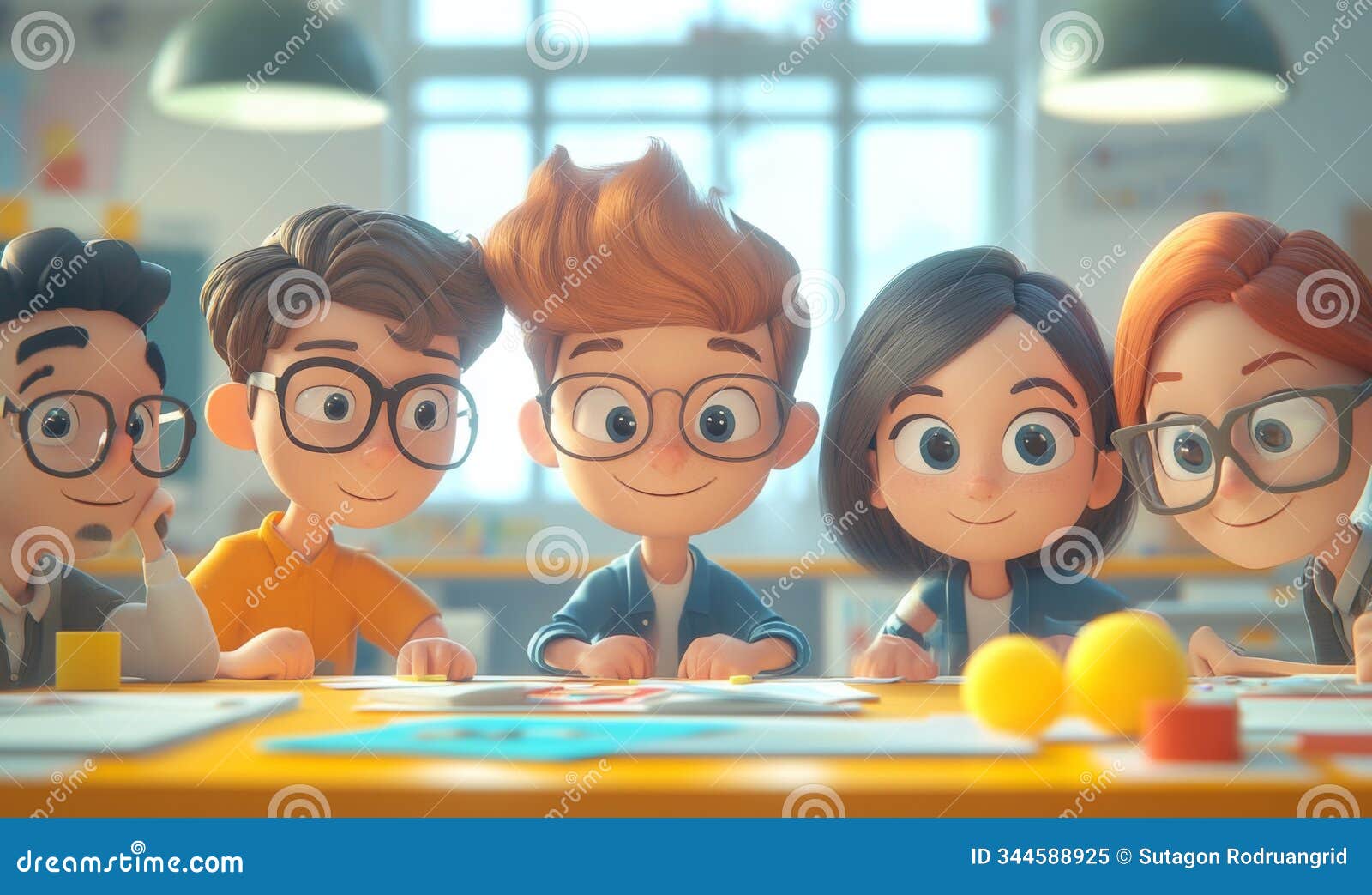 Cartoon Students Working Together on a Group Project in the Classroom ...