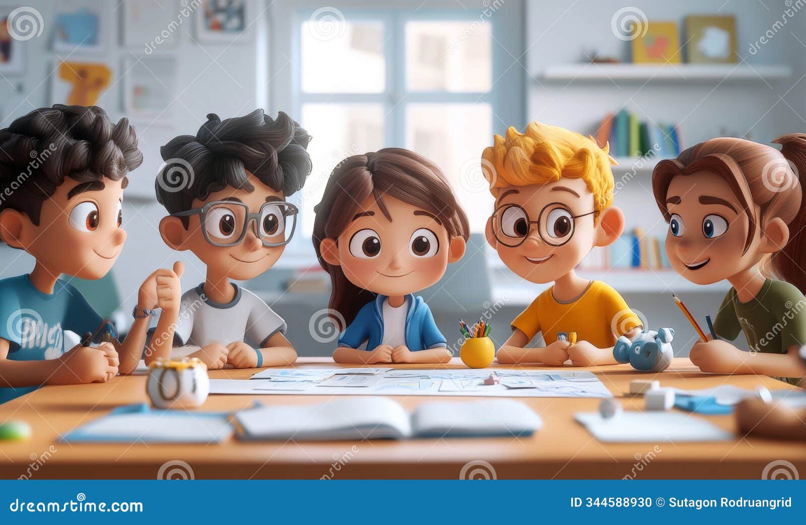 Cartoon Students Working Together on a Group Project in the Classroom ...
