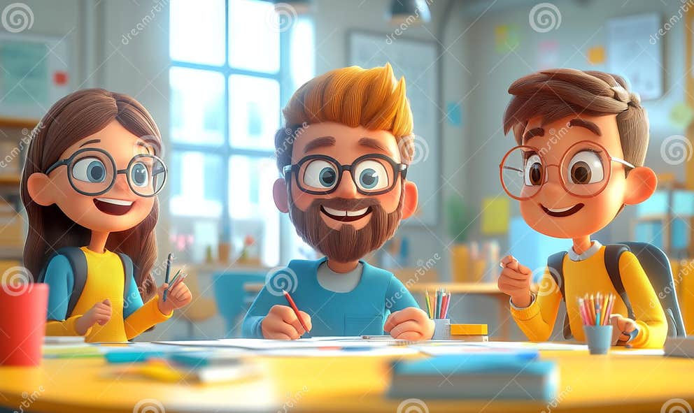 Cartoon Students Working Together on a Group Project in the Classroom ...