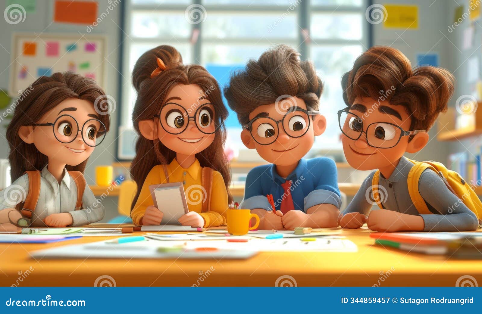 Cartoon Students Working Together on a Group Project in the Classroom ...