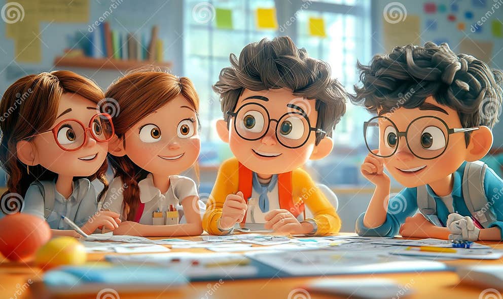 Cartoon Students Working Together on a Group Project in the Classroom ...
