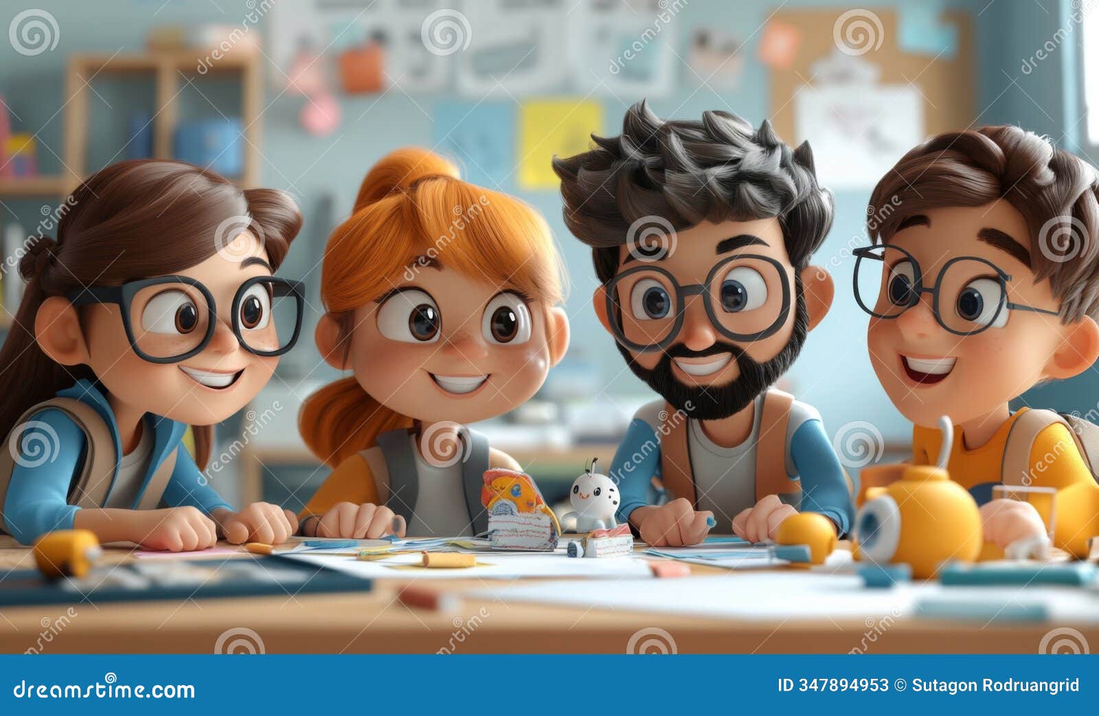 Cartoon Students Working Together on a Group Project in the Classroom ...