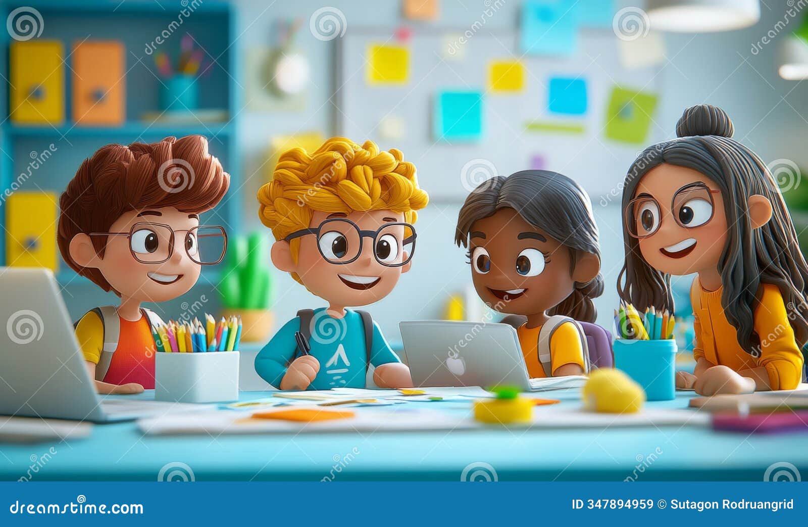 Cartoon Students Working Together on a Group Project in the Classroom ...