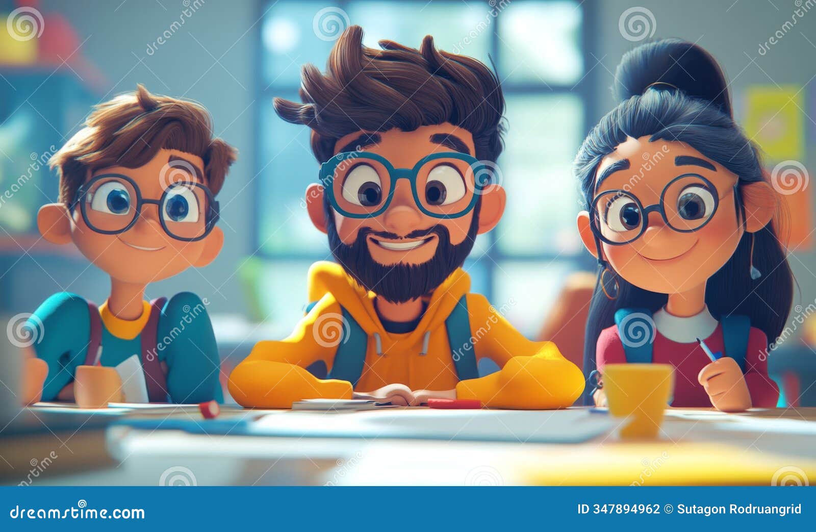 Cartoon Students Working Together on a Group Project in the Classroom ...