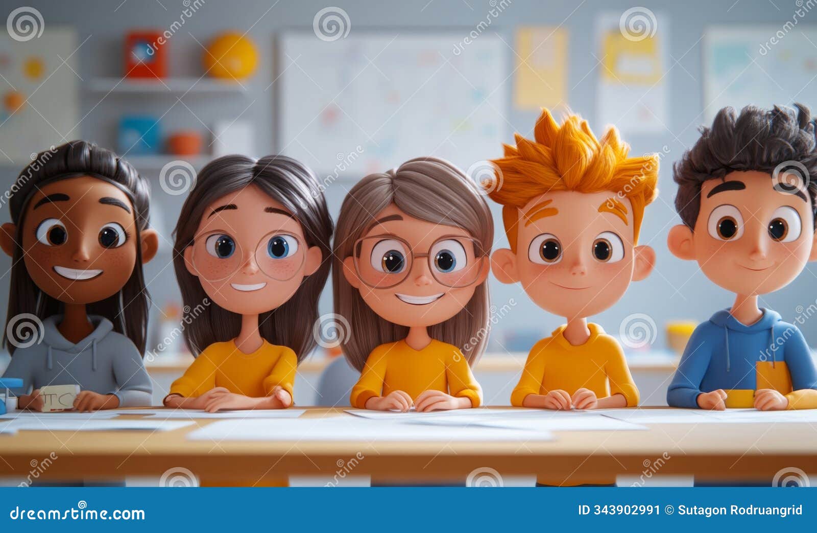 Cartoon Students Working Together on a Group Project in the Classroom ...