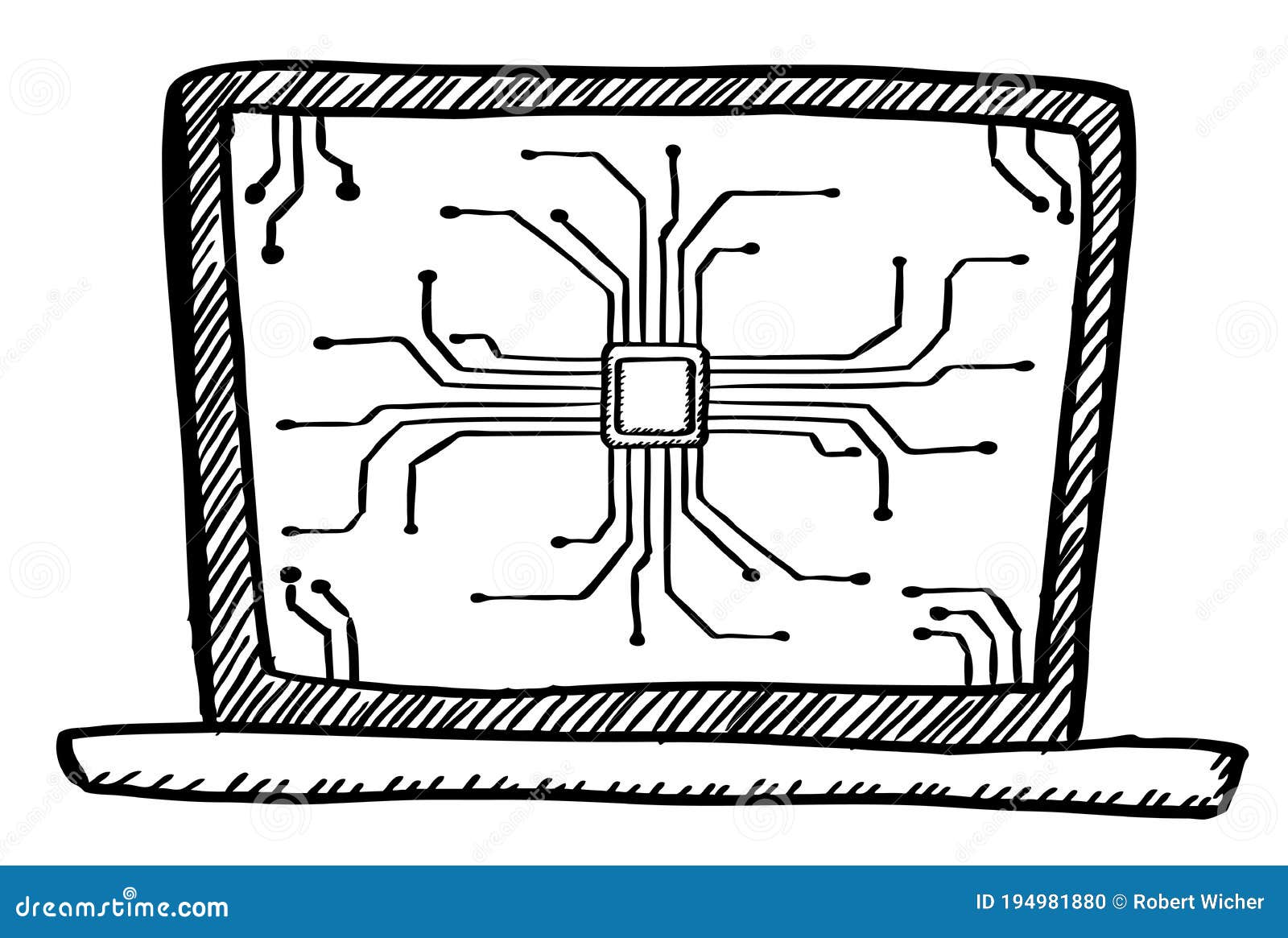 Cartoon Style Black and White Doodle of Notebook with Computer Cpu ...