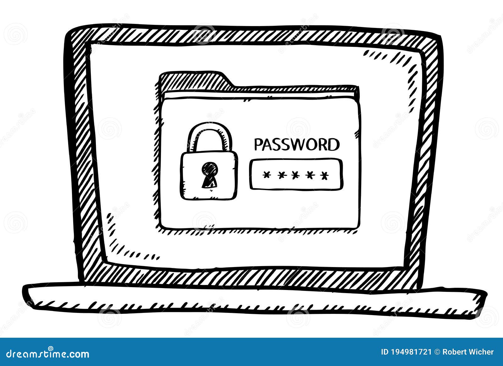 Cartoon Style Black and White Doodle of Notebook with File Protected by ...