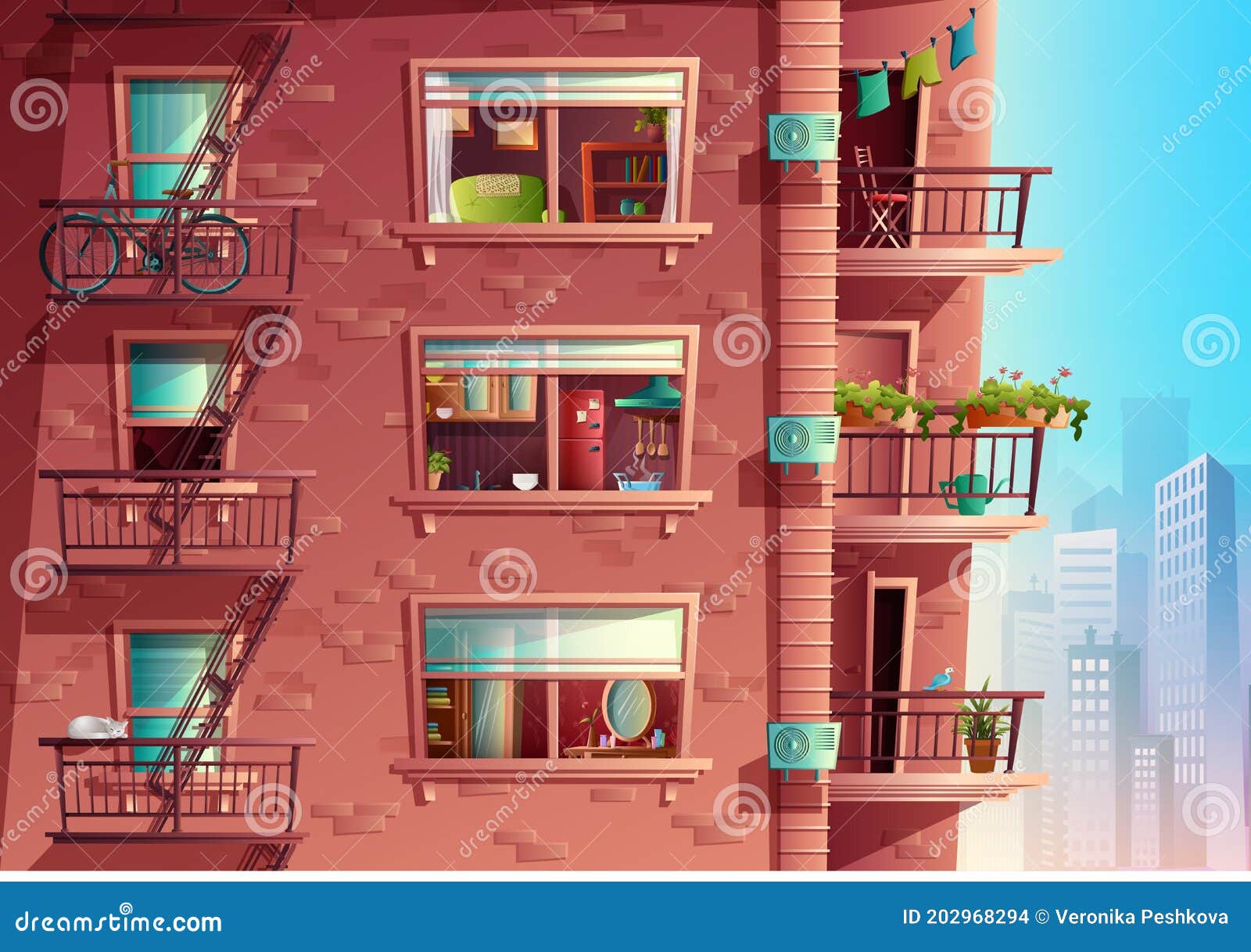 Cartoon Style of Building Facade in Side View with Balconies and ...