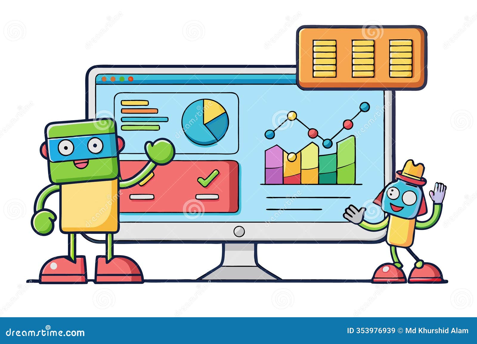 Cartoon Style Characters Explaining Colorful Statistical Graphs and ...