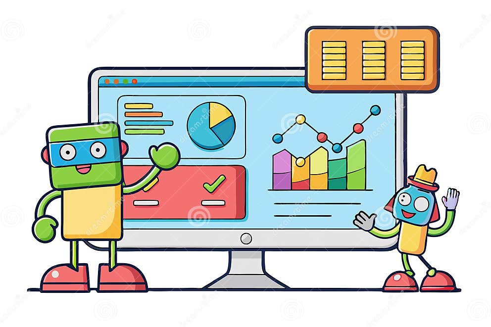 Cartoon Style Characters Explaining Colorful Statistical Graphs and ...