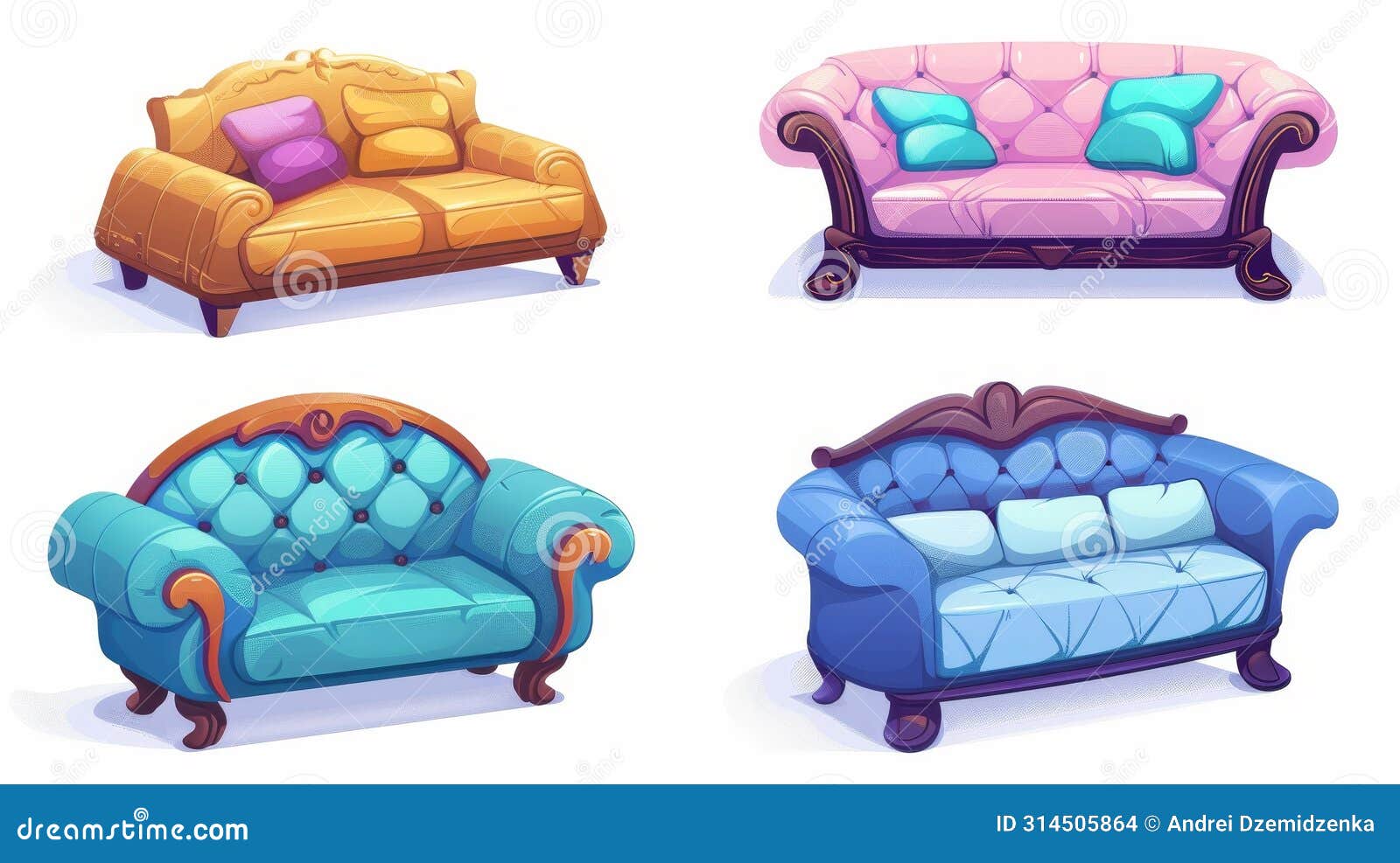 A Cartoon Style Couch and Sofa Set in Leather, Fabric, Quilted ...
