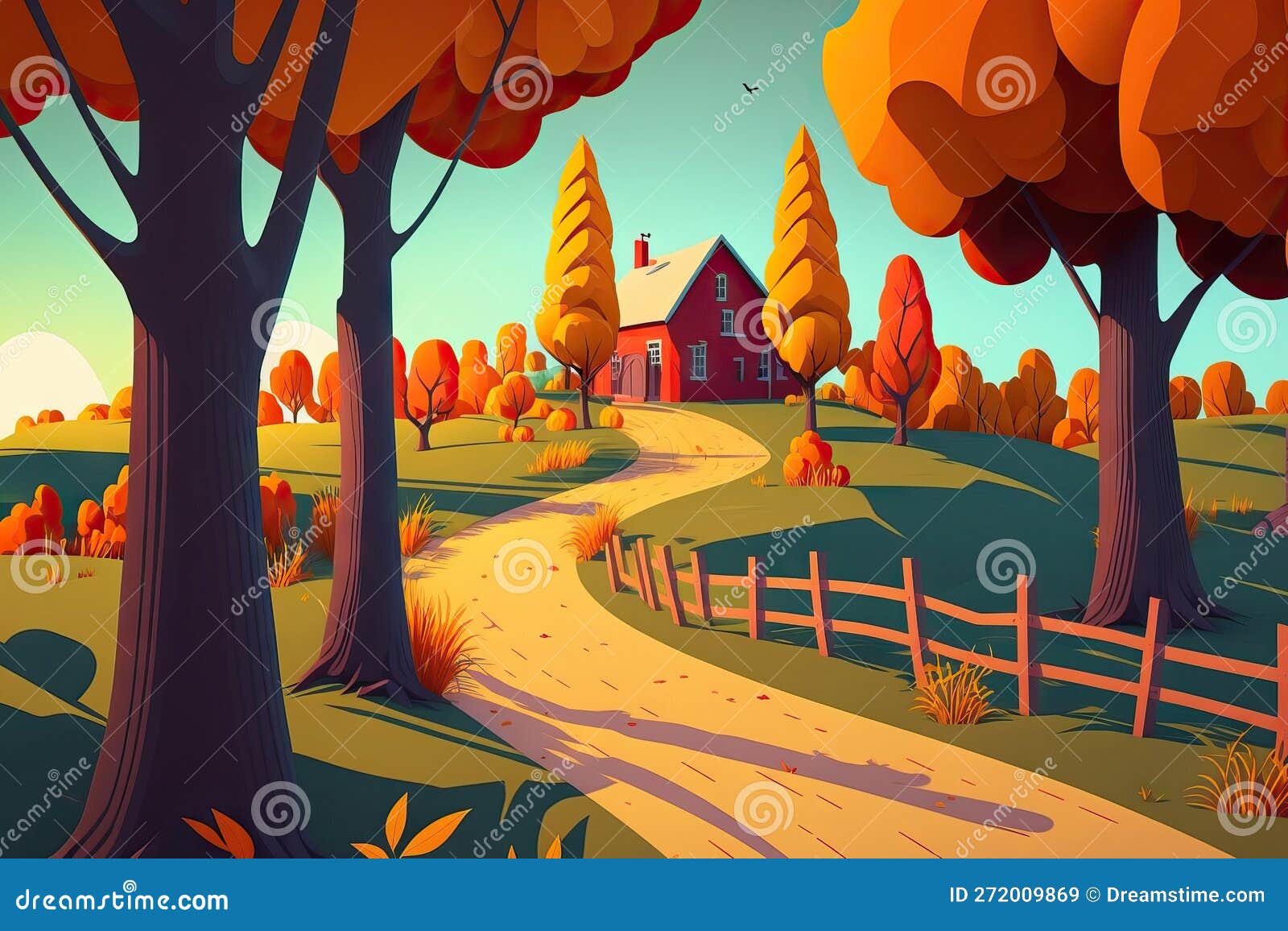 Cartoon Style Depiction of an Autumnal Countryside with Trees Stock ...