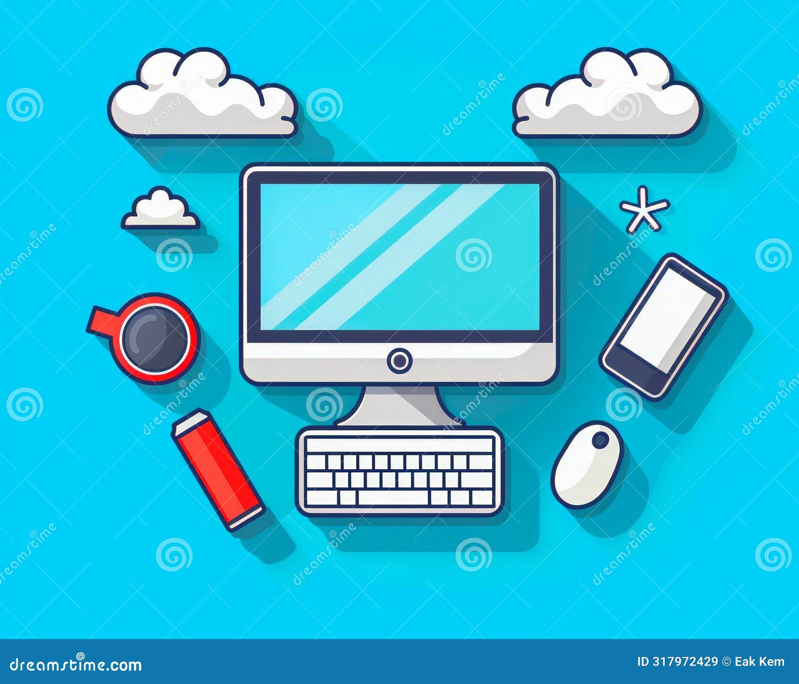 Cartoon Style Desktop Computer with Accessories and Clouds on Blue ...